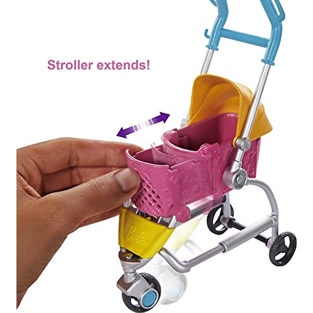 Barbie Dogwalking Doll & Accessories, Stroll & Play Pups Playset with Transforming Stroller, 2 Pets & Handbag, Brunette Doll,Pink