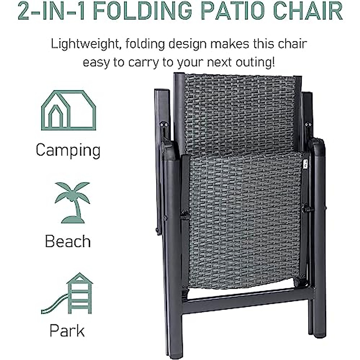 Homey Folding Patio Chairs, No Assemble Chair with Aluminum Frame Adjustable Backrest for Outdoor Camping, Porch, Balcony Portable Chairs, Set of 2 (Gray)