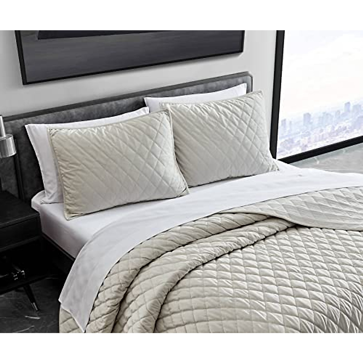 Vera Wang - King Quilt Set, Luxurious Velvet Bedding with Matching Shams, Lightweight Home Decor (Diamond Velvet Natural Ivory, King)