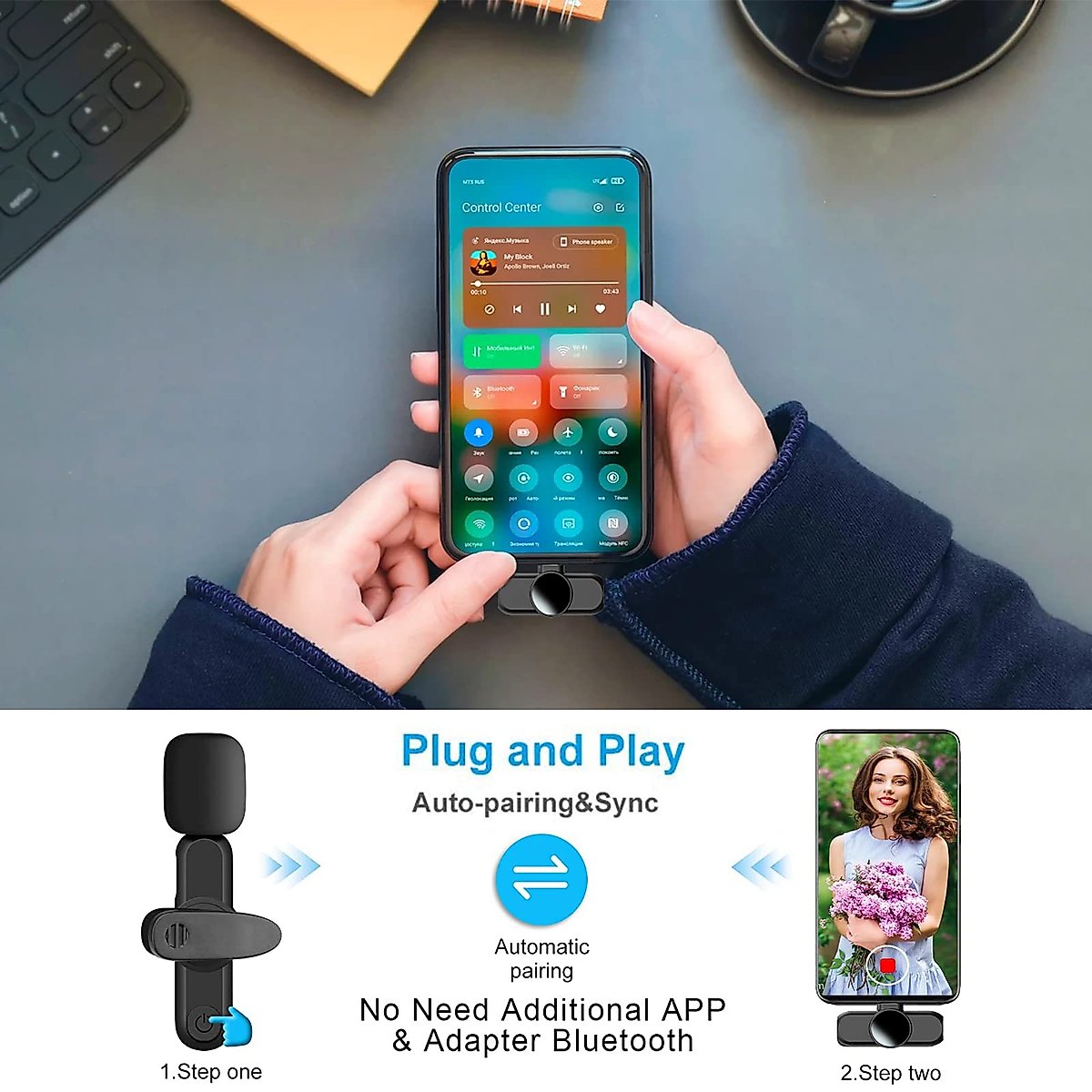 Wireless Lavalier Microphone for Android Phone, Plug-Play Cordless Omnidirectional Condenser Recording Mic with Noise Reduction and Auto Sync for Video Recording, Vlog, YouTube, Tiktok, Interview
