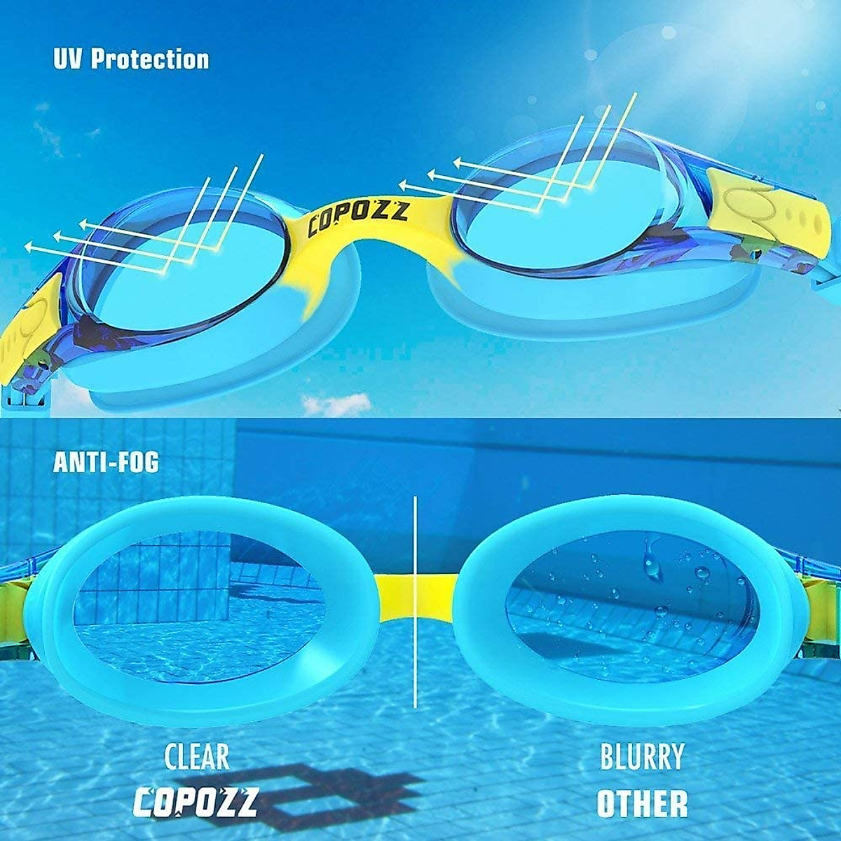 COPOZZ Kids Swimming Goggles, Child (Age 4-12) Waterproof Swim Goggles With Clear Vision Anti Fog UV Protection No Leak Soft Silicone Frame And Strap for Kid Boys Girls and Early Teens