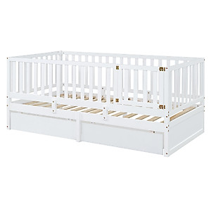 Twin Bed Frame with Rails and Storage Drawers, Can Be Divided into A Twin Size Floor Bed with Fence and A Daybed with 2 Drawers, Wood Montessori Beds for Kids Boys Girls Teens, White