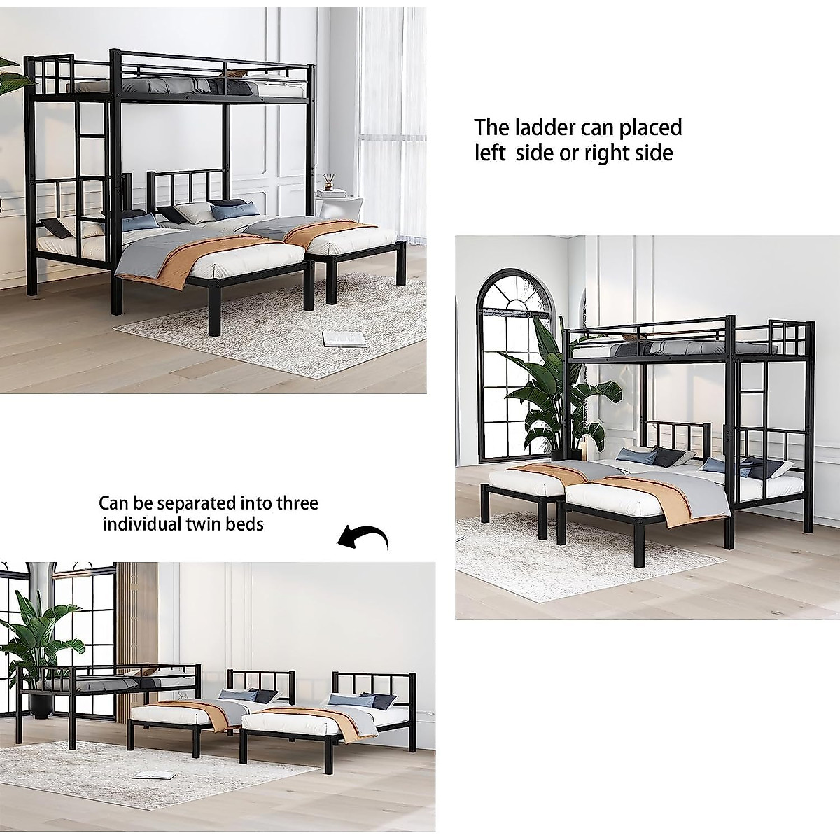Black Metal Triple Bunk Beds Frame, Twin Over Twin & Twin Bunk Bed with Guardrails, Can Be Separated into 3 Twin Beds for Kids, Teens, Adults, No Box Spring Needed