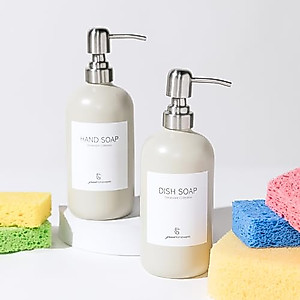 GraceHomewares Stoneware Ceramic Dish Soap Dispenser for Kitchen Sink | Kitchen Soap Dispenser Set | Soap Holder Bathroom Hand Soap Dispenser | Waterproof Labels | 2 Pack | Warm Grey w/Silver Pump