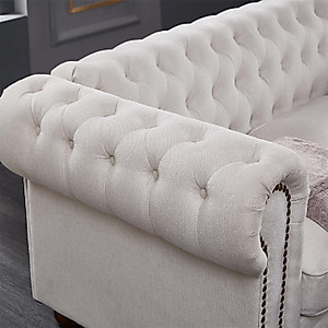 Harper & Bright Designs 3-Seat Chesterfield Sofa with Button Tufted, Nailhead Trim and Solid Wood Legs, Classical Linen Fabric Couch for Living Room, Office, Beige