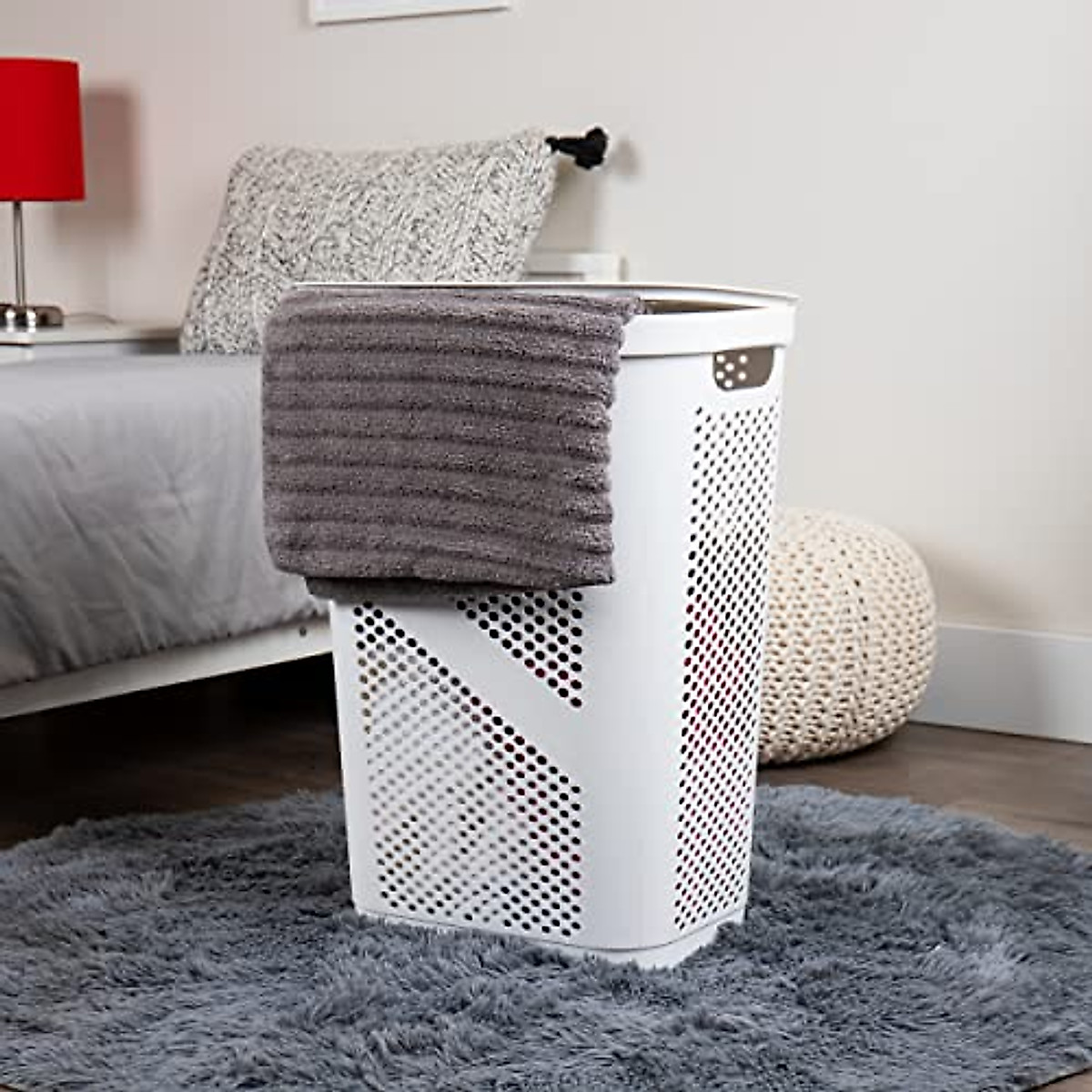 Mind Reader Basket Collection, Slim Laundry Hamper, 60 Liter (15kg/33lbs) Capacity, Cut Out Handles, Attached Hinged Lid, Ventilated, 13.75"L x 17.25"W x 23.5"H, White