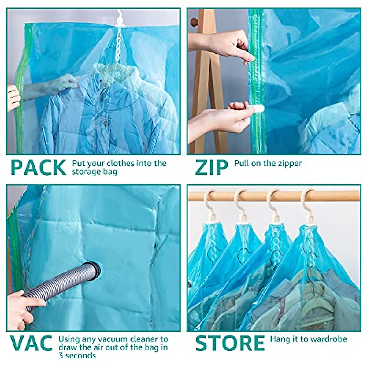 LEVERLOC Hanging Vacuum Storage Bags, Set of 4 Space Saver Bags for Clothes, Vacuum Sealed Garment Bags for Suits, Coats, Jackets, 80% Space Saving, 2 Long 2 Short