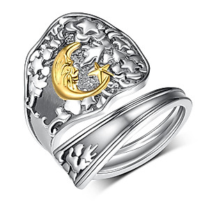 Moon Star Spoon Ring Boho Vintage Finger Open Ring Retro Adjustable Wrap Bands Thumb Rings for Women