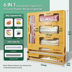 Ziplock Bag Organizer & Foil and Plastic Wrap Organizer with Cutter, 6 IN 1 Plastic Wrap Dispenser & Plastic Bag Organizer, Kitchen Bag Storage for Gallon, Quart, Sandwich, Snack, Bamboo