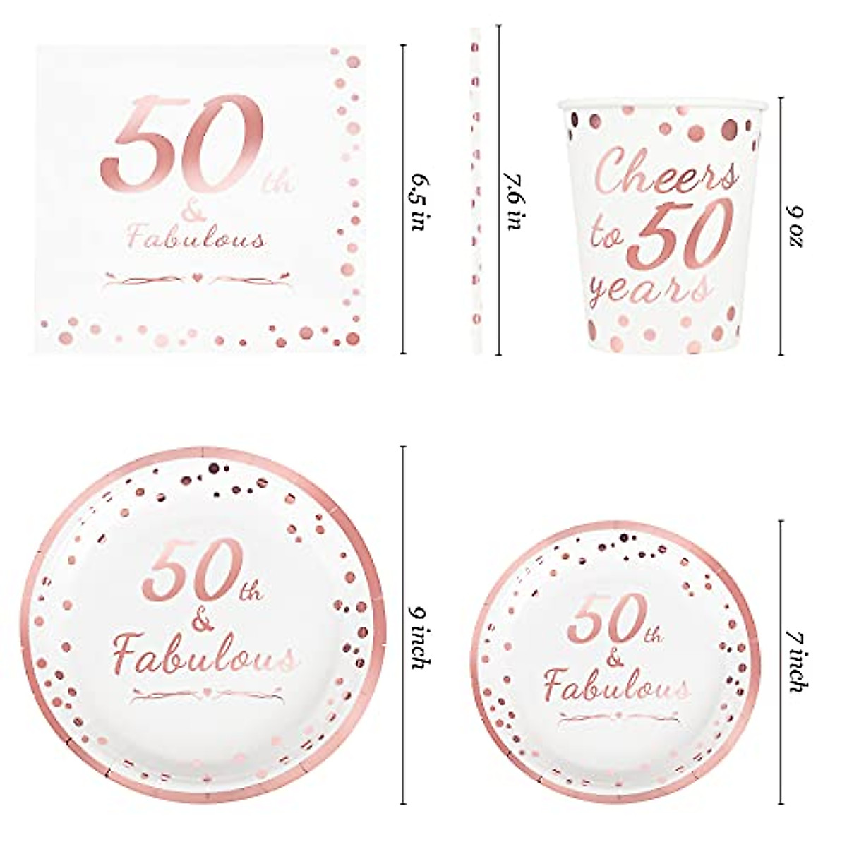 50th Birthday Rose Gold Women Party Supplies Plates Set, Disposable Paper Tableware for 24 Guests, 120pcs Include 7” and 9” Plates, 12 oz Cups, Napkins and Straws