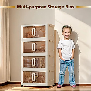 wookon Collapsible Storage Bins,4 Tiers,17.7"x10.2"x38.6", Small Storage Bins with Magnetic Door, Plastic Storage Cabinet with 360° Wheels, Closet Organizers and Storage Containers