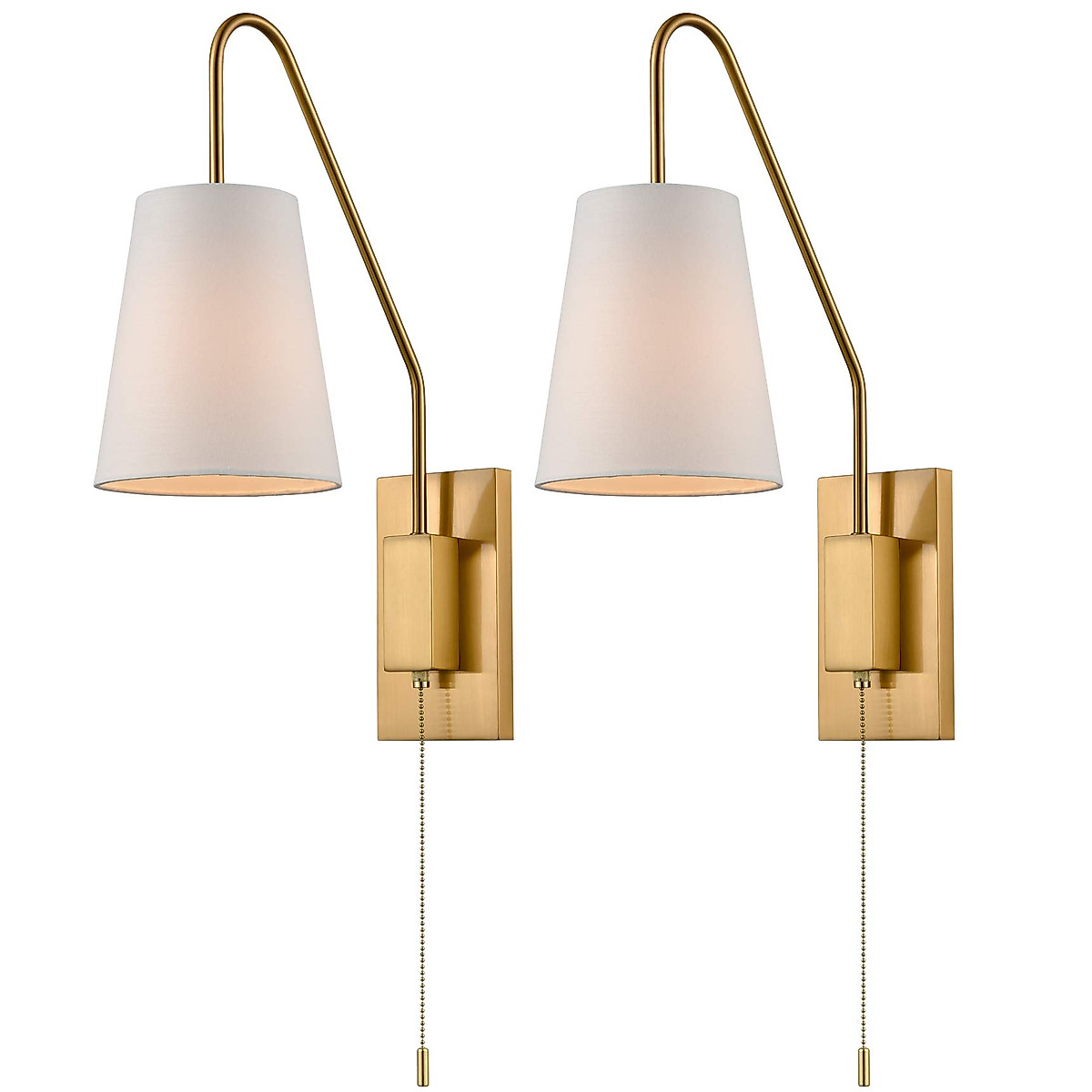 JEENKAE Modern Plated Brass Gold Plug-in Wall Sconces Set of Two Fabric Shade Bedroom Wall Lamp with Pull Chain Switch