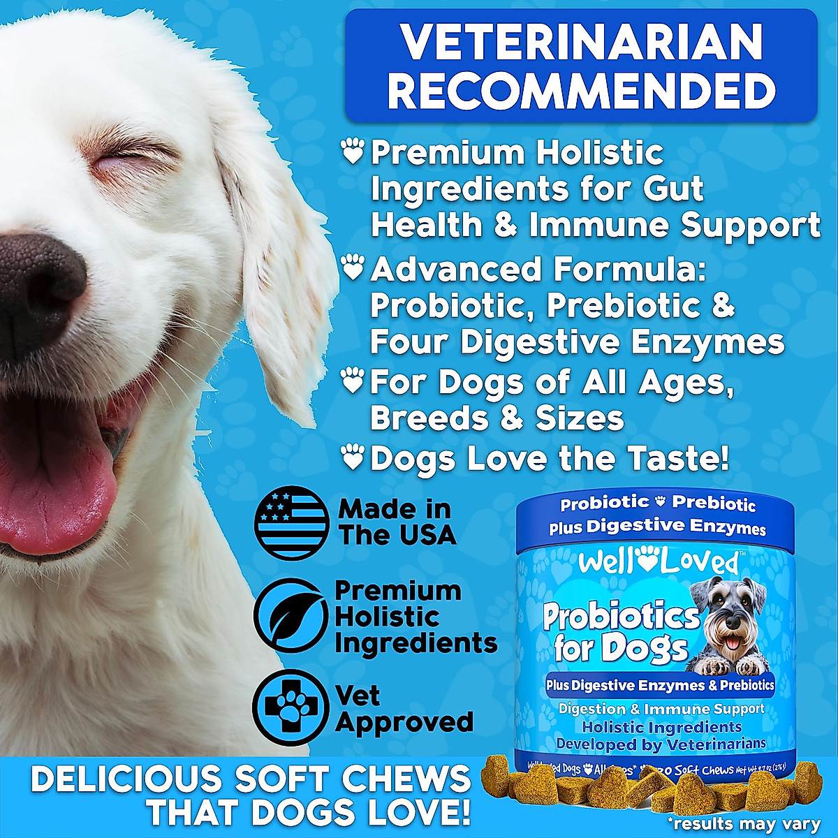 Well Loved Probiotics for Dogs, Dog Probiotics and Digestive Enzymes, Made in USA, Vet Developed, Dog Probiotic Chews with Prebiotics, Diarrhea Treatment, for Itchy Skin, Gut Health & Gas Relief