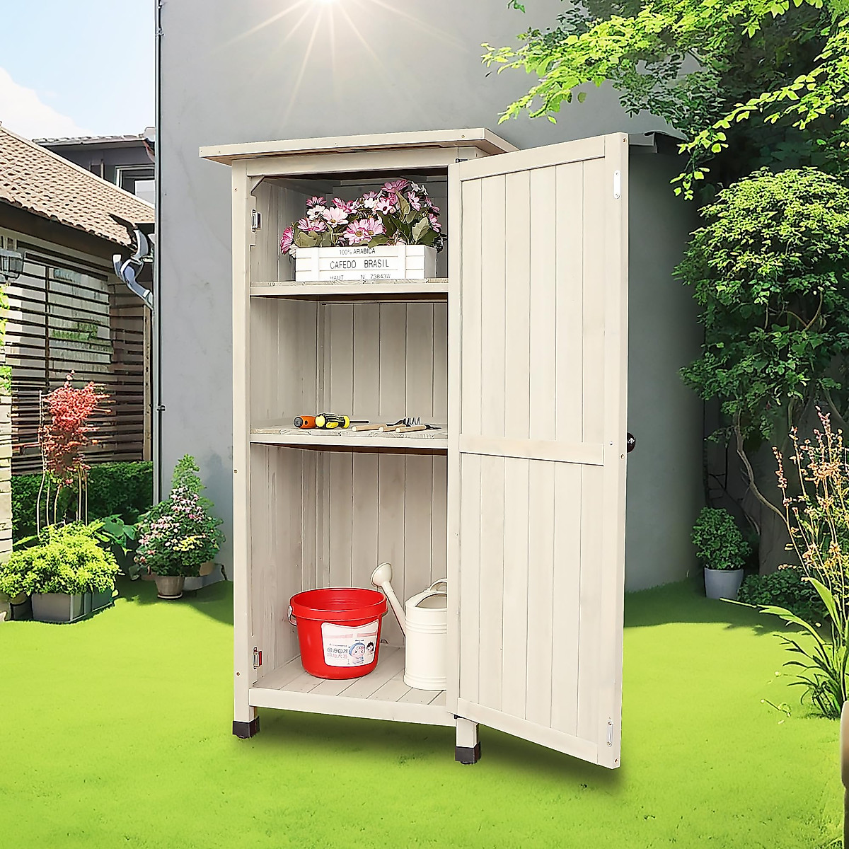 FTCBNet Outdoor Storage Cabinet Wooden Garden Tool Cabinet Shed Sloping Waterproof Galvanized Sheet Roof with 2 Shelves for Deck, Patio, Garden and Yard (Gray)