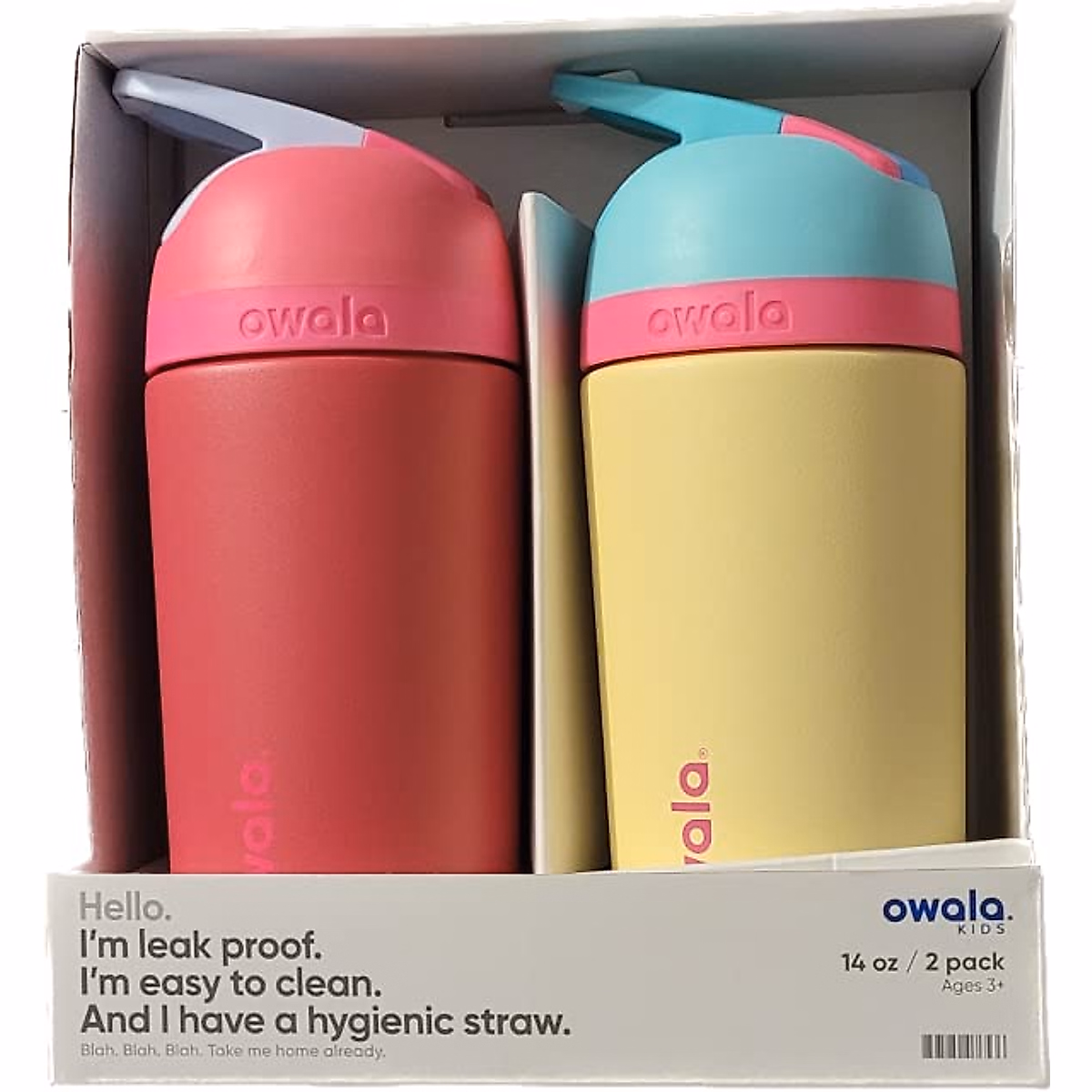 Owala Kids (Pink/Pink and Teal/Yellow) 14 Oz. Water Bottle Carry Loop With Integrated Lock Hygienic Flip Straw Colored Straw Leak Proof Insulated Stainless Steel Perfect Size For Small Hands