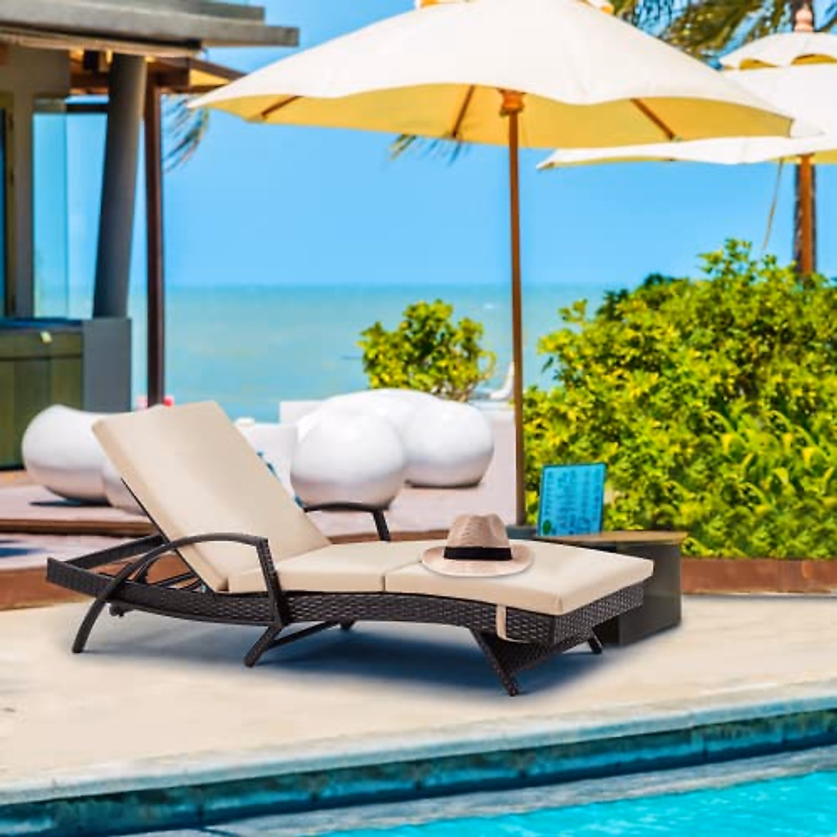 RYNSTO Patio Lounge Chair Rattan Chaise Lounge Chair with Adjustable Backrest Thickened Cushion, PE Rattan Steel Frame Outdoor Reclining Chaise for Patio Backyard Porch Garden Poolside, Khaki