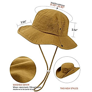 Wide Brim Bucket Sun Hat Packable Cotton Washed UPF 50 Beach Hat for Women Men with Strings Cowboy Outdoor Safari Boonie Cap Brown