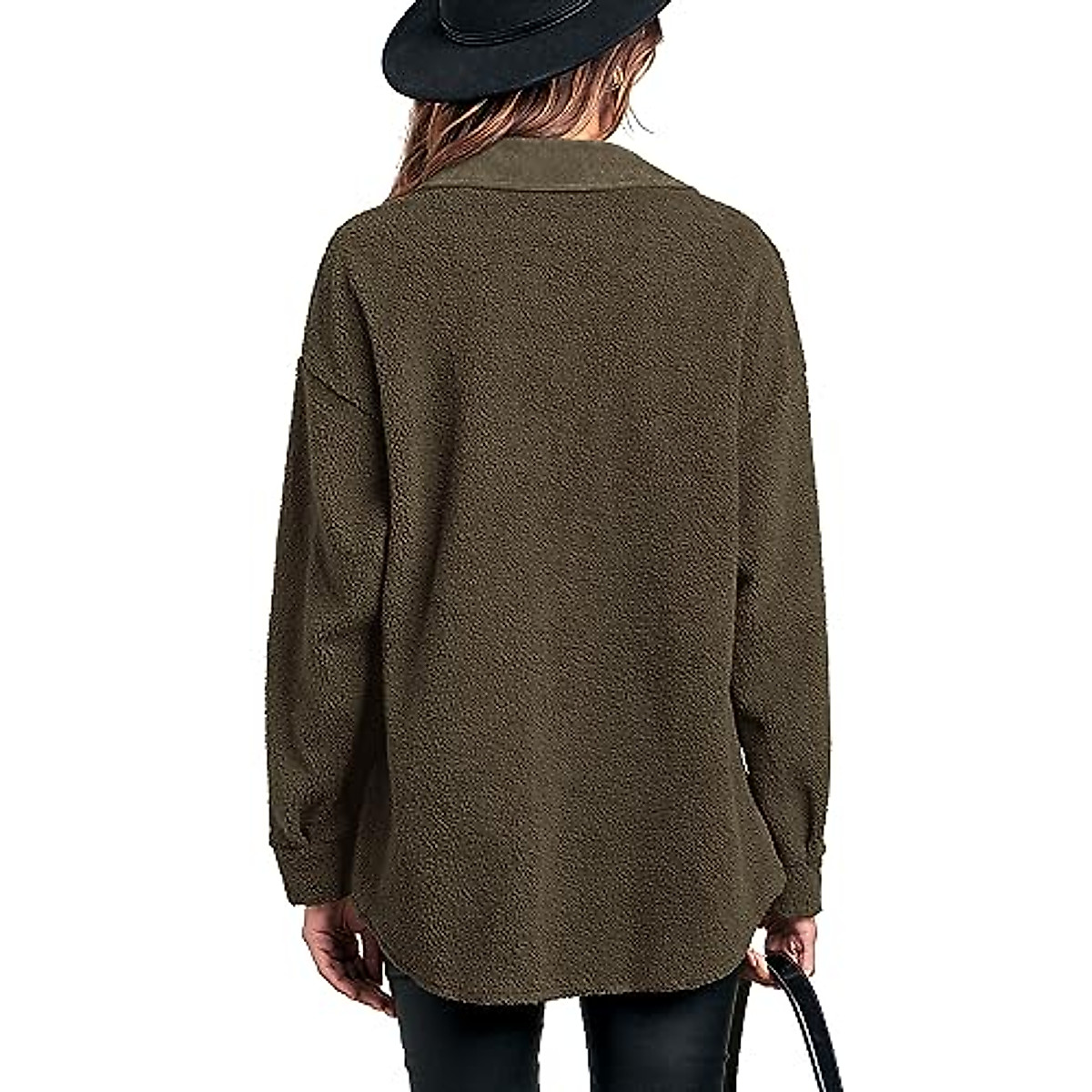 BTFBM Women's 2023 Fall Winter Button Down Shirts Sherpa Jacket Warm Long Sleeve Outerwear Faux Fur Shacket with Pockets(Solid Army Green, X-Large)