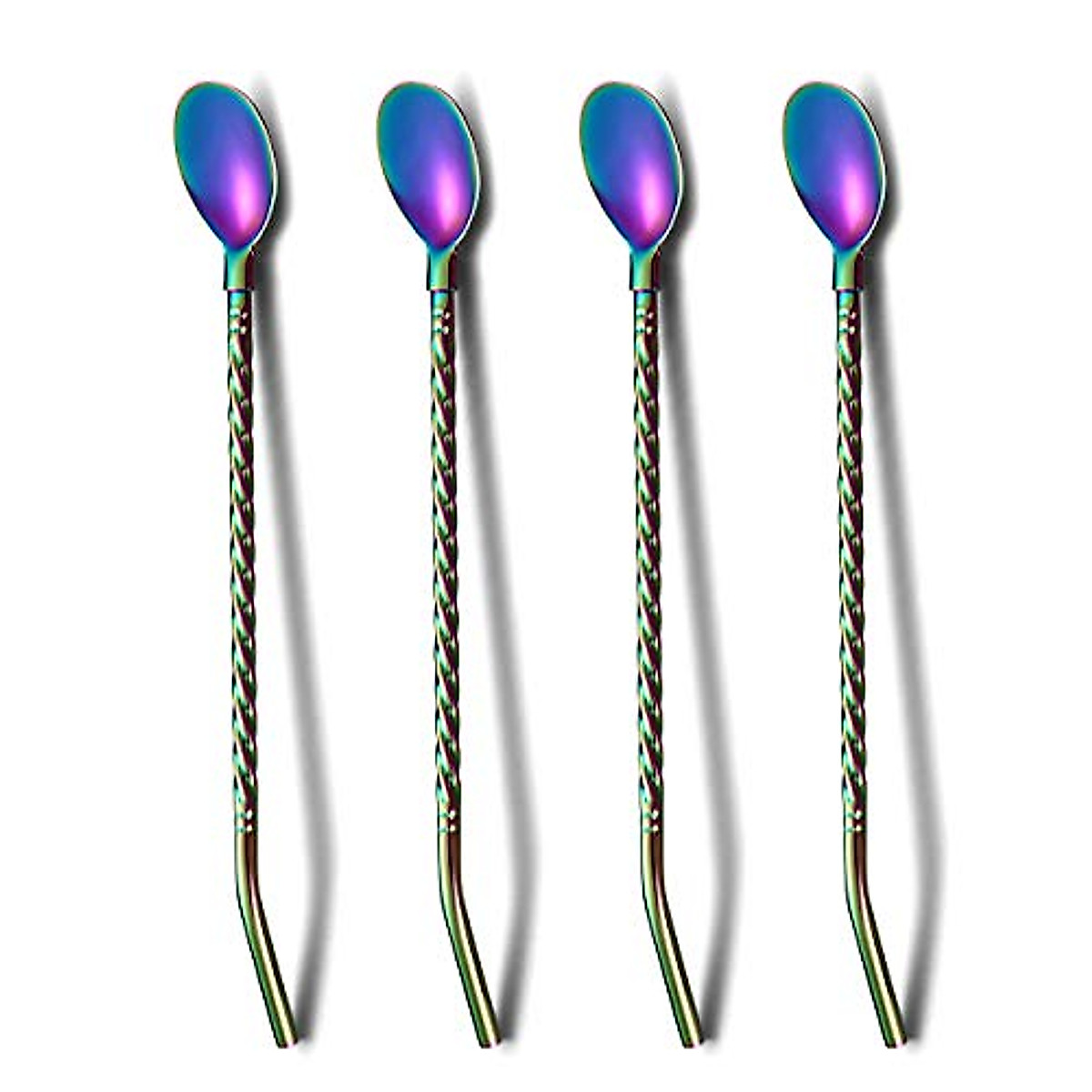 HOMQUEN Rainbow Iced Tea Spoon with Straw Handle for Drinking, 4 Pieces 8.7" Stainless Steel Titanium Rainbow Plating Long Handle Bar Spoon Silverware for Mixing and Stirring