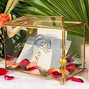 WHSLILR 10" Glass Card Box Wedding Card Box with Lock for Wedding Reception Cosmetic Home Decor, Handmade Large Geometric Terrarium with Hinged Lid, Brass Frame - (Golden/Roof)