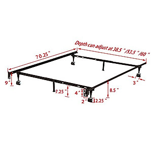 KB Designs - 6-Leg Adjustable Metal Queen, Full, Full XL, Twin, Twin XL, Bed Frame with Rug Rollers & Locking Wheels