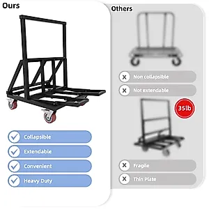 Lomive Heavy Duty Drywall Cart 3000 lbs Capacity Folding Panel Dolly Handling Wall Panel, Sheetrock, Lumber, Glass, 4 Swivel Wheels and Expandable Rubber Pad Bracket - Black 2MM Thickness Plate