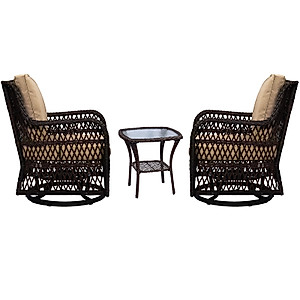 Rocking Swivel Chair, Outdoor Rattan Chairs Set with Side Table and Cushions, Patio Conversation Furniture Set 3 Piece for Outside Porch Deck Balcony Garden Backyard