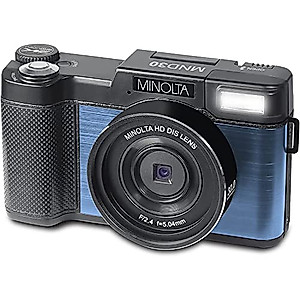 Minolta MND30-BL 30MP 2.7K Ultra HD 4X Zoom Digital Camera (Blue) Bundle with Deco Photo Point and Shoot Field Bag Camera Case (Black/Red)