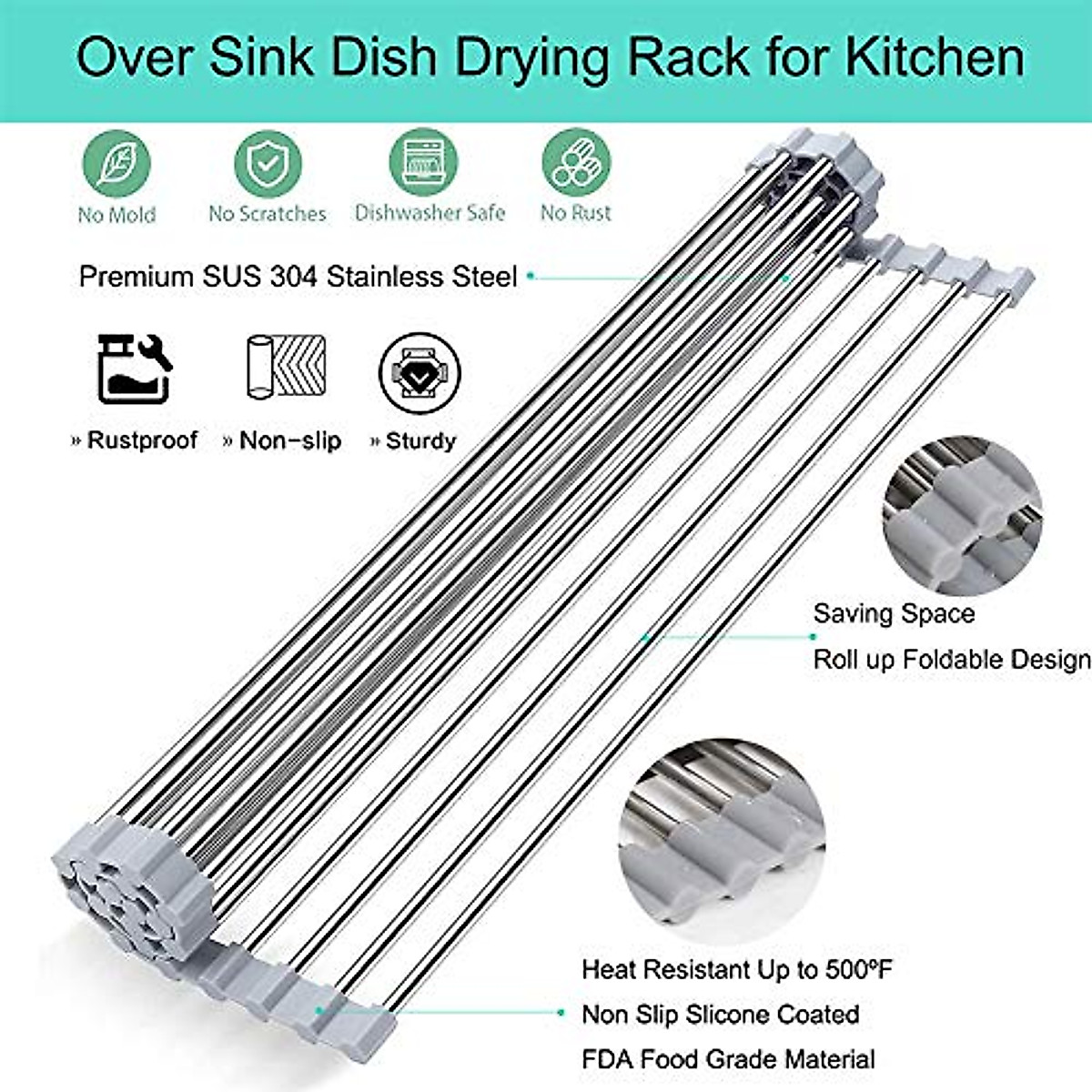 EC ELEGANTCHARM Roll Up Dish Drying Racks, Over Kitchen Sink Counter Rv Wide 17.5" x 16" Rollup Dish Rack, Foldable Stainless Steel Multipurpose Heat Resistant Rolling Dishes Drainer