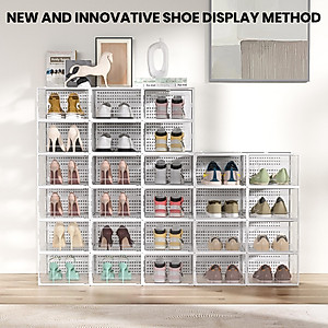 Kjfeoiye 12 Pack XX Large Clear Stackable Shoe Storage Boxes Organizer for Closet, Modular & Portable Plastic Shoe Sneaker Containers Display Case Bin, Versatile Closet Organizers and Storage, White