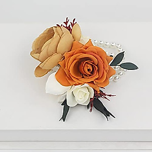 Rinlong 6Pcs Burnt Orange Wrist Corsage Wristlet Band Boho Bracelet Wrist Flowers Wedding Bride Bridesmaid Flower Accessories Decoration