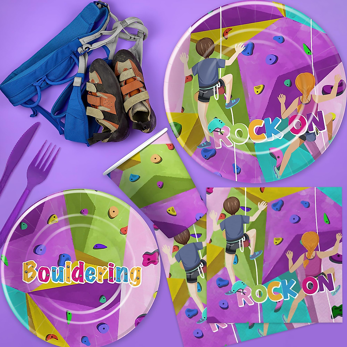 APOWBLS Rock Climbing Birthday Decorations Tableware - Rock Climbing Party Supplies, Paper Plate, Cup, Napkin, Tablecloth, Cutlery, Rock Climbing Camping Adventure Theme Party Decorations | Serve 24