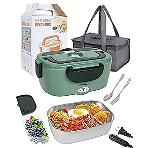 HANFFCAT Electric Lunch Box, Portable Box Food Heater Leak-Proof Sealing Ring Waterproof And For Car、Truck Work 12v 110v 55w ,Stainless Steel Container Spoon Fork、Handbag, Green (DRFH-02)