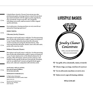Lifestyle Basics Jewelry Cleaner Solution Liquid Concentrate 8 oz | Cleans Rings, Earrings, Necklaces, Eyewear | Safe for Diamonds, Gold, Silver, Gemstones, and Metals | 1 Bottle Makes 8 Cups