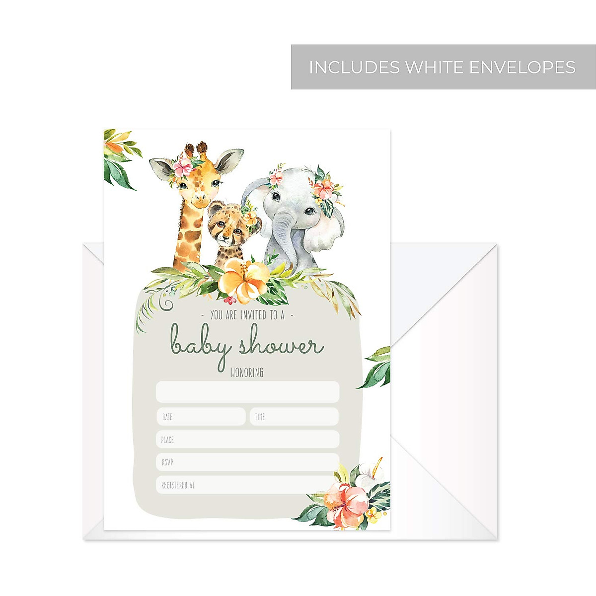 Boho Safari Animal Baby Shower Invites / 25 Welcome Baby Desert Animals Party Invitations / 5" x 7" Flat Floral New Baby Party Invitation Cards/Made In The USA