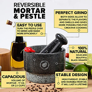 Laevo Mortar and Pestle Large Set - Black Granite Stone Spice Grinder, 2.1 Cup Capacity, 5.5" - Reversible Molcajete Mexicano - Guacamole, Pesto, Spices - Large Mortar & Pestles, Mortar and Pestle Set