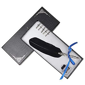 GLOGLOW Quill Pen, European Retro Feather Quill Dip Pen Fountain Pen Sign Pen Set with 5 Replacement Tips Calligraphy Feather Quill Dip Pen Set(Black)