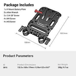 SmallRig V Mount Battery Plate, V-Lock Mount Battery Plate with Dual 15mm Rod Clamp for Camera Power Supply - 3016