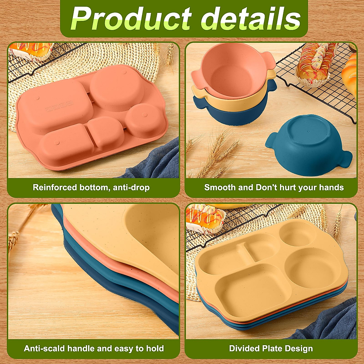 Honoson 24 Pcs Wheat Straw Dinnerware Cutlery Set Including Divided Plates Microwave Dishwasher Safe Bowl Unbreakable Tableware Straw Cutlery Spoon Knife Fork Cup(Bright Color)