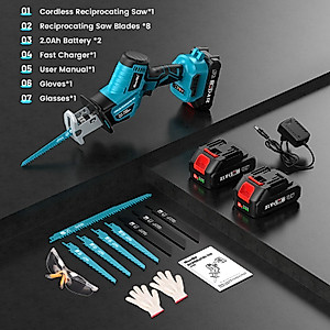 Reciprocating Saw Cordless, Sawzall Cordless with 2 x 2.0Ah Batteries, 3500RPM Brushless Power, LED Light, Tool-free Blade Change 8 Saw Blades Portable Reciprocating Saw for Wood PVC Cutting