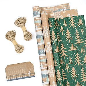 RUSPEPA Christmas Wrapping Paper Rolls with Tags and Jute String - 17 inches x 10 feet per Roll, Total of 3 Rolls