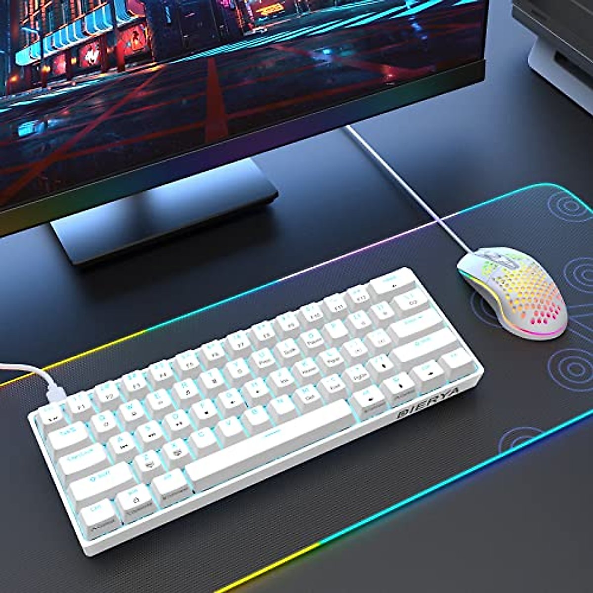 DIERYA 60% Mechanical Keyboard, DK61se Wired Gaming Keyboard with Red Switches, LED Backlit Ultra-Compact 61 Keys Mini Office Keyboard for Windows Laptop PC Gamer Typist（White）