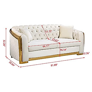 Chesterfield Loveseat Velvet, 82" Large Upholstered Sofa with Button-Tufted Back, Retro Modern Sleeper Sofa Settee with Curved Gold Metal Frame, 3 Seater Wide Comfy Couches for Living Room (White)