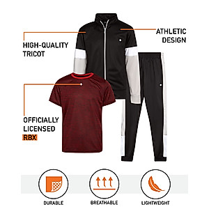 RBX Boys' Jogger Set - 3 Piece Tricot Sweatshirt, Sweatpants, and T-Shirt Tracksuit (8-12), Size 8, Black Red Space Dye