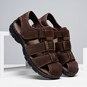 Jousen Men's Arch Support Sandals Leather Fisherman Sandals for Men Closed Toe Outdoor(AMY2012 Dark Brown 10)