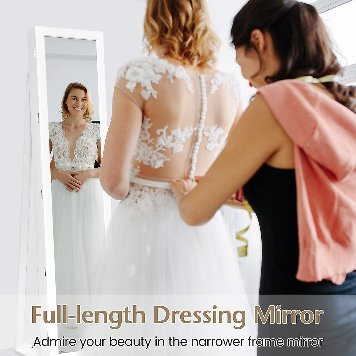 COSTWAY Standing Jewelry Cabinet, Large Capacity Jewelry Organizer w/Full-Length Mirror & Rear Storage Shelves, Lockable Mirror Jewelry Armoire with Keys for Girls Women (White)