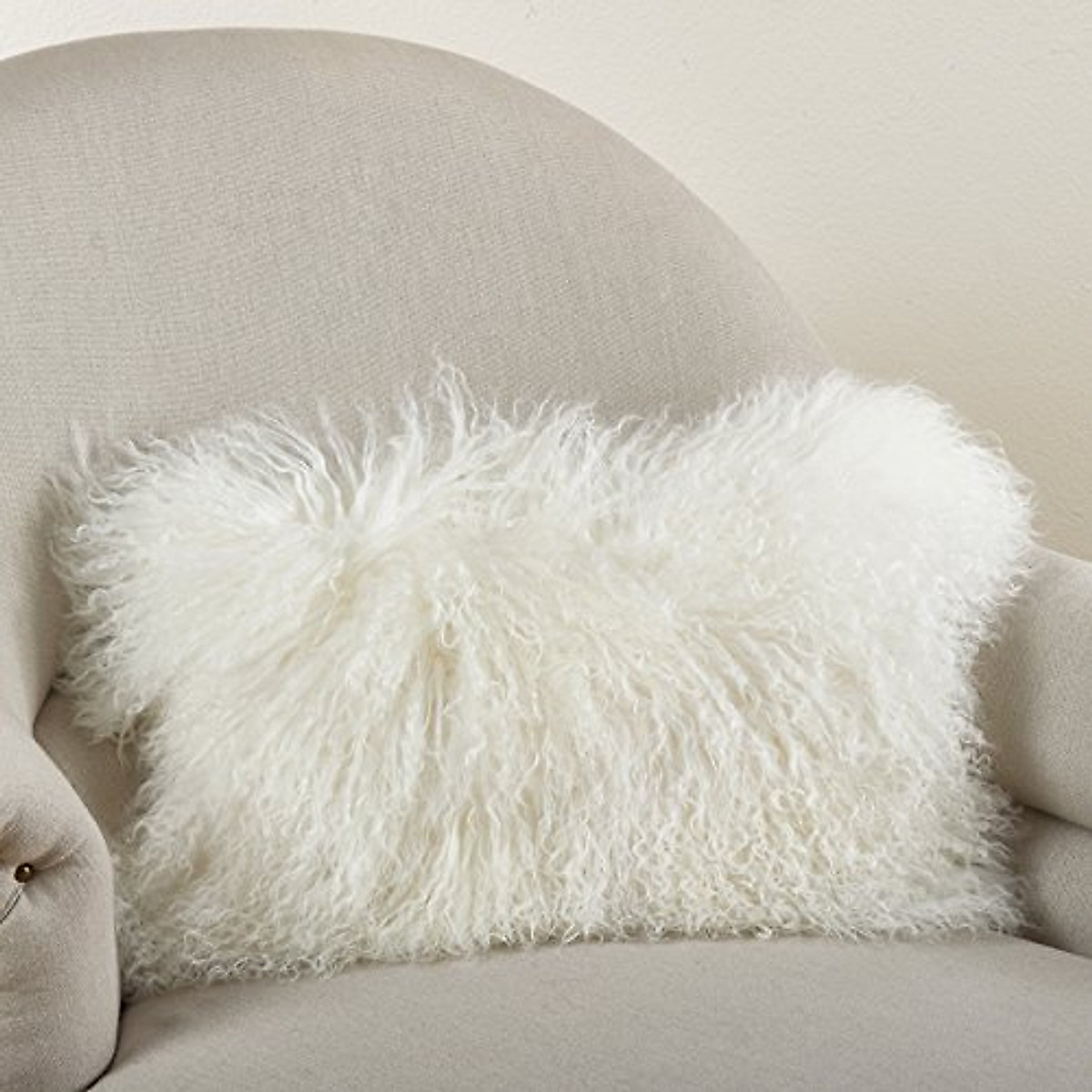 SARO LIFESTYLE 100% Wool Mongolian Lamb Fur Throw Pillow with Poly Filling, 12" x 20", Ivory