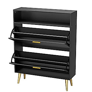 JOZZBY Shoe Cabinet for Entryway, Black Narrow Shoe Cabinet with 2 Flip Drawers Slim Shoe Storage Cabinet Freestanding Shoe Organizer Hidden Show Cabinet for Entryway, Hallway, Living Room