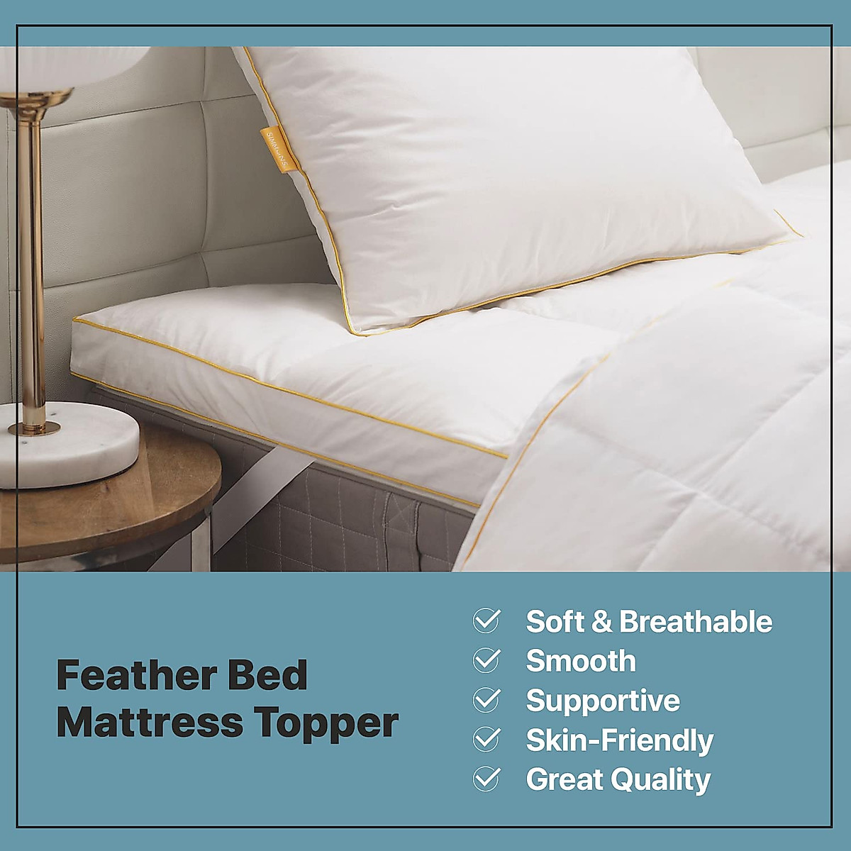 Simmons Feather Bed Twin Mattress Topper with 230TC Microfiber Shell - Skin Friendly Prime Feather Fiber Baffle Box Mattress Topper with 15” Skirt for Twin Size Bed - Plush Mattress Pad, 39”x75