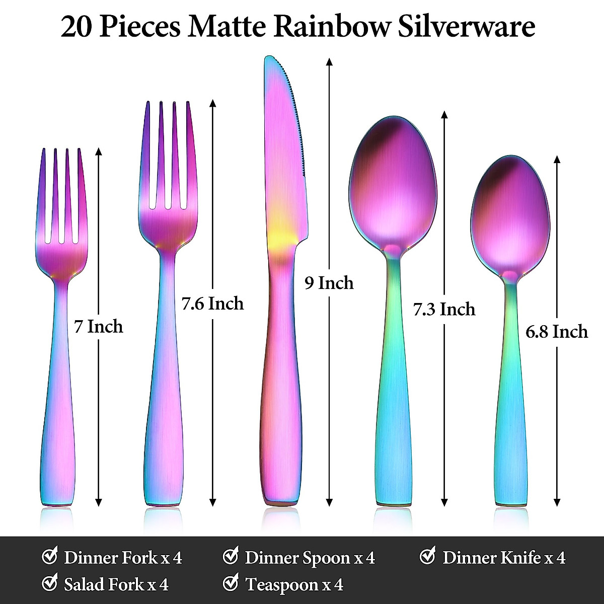 E-far 20-Piece Matte Rainbow Silverware Set, Stainless Steel Flatware Set for 4, Colorful Cutlery Set Include Forks Spoons and Knives for Kitchen Home Restaurant, Satin Finish & Square Edge Handle